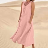 AUNVITO Women's Cotton Linen Sleeveless Round Neck Ruffle Pocket Maxi ...