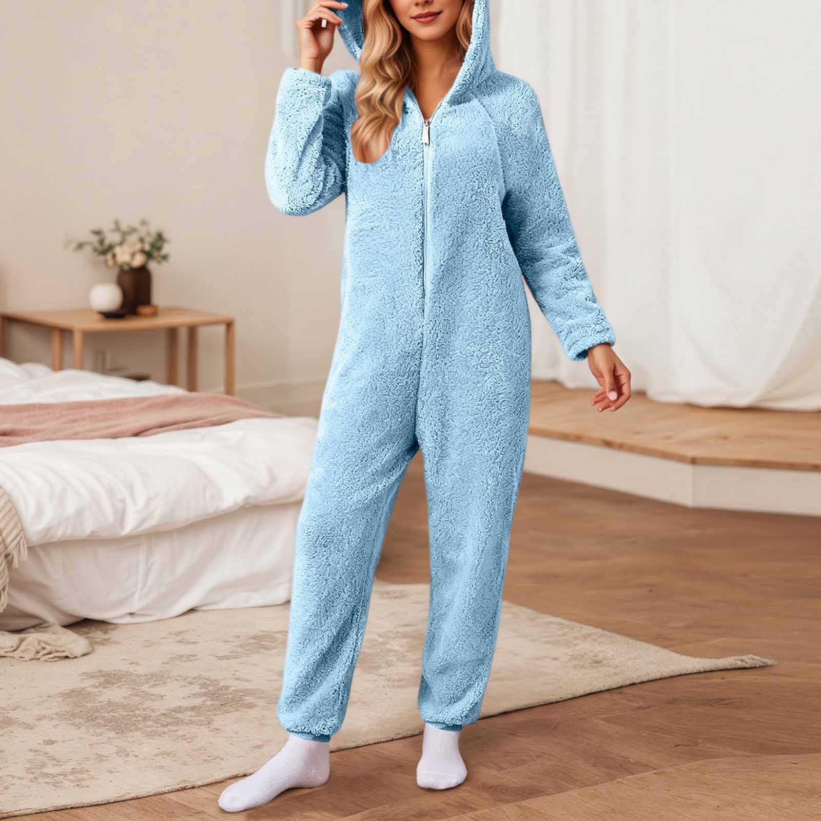 AUNVITO Women's Cozy Hooded Long Sleeve Jumpsuit with Front Zipper ...