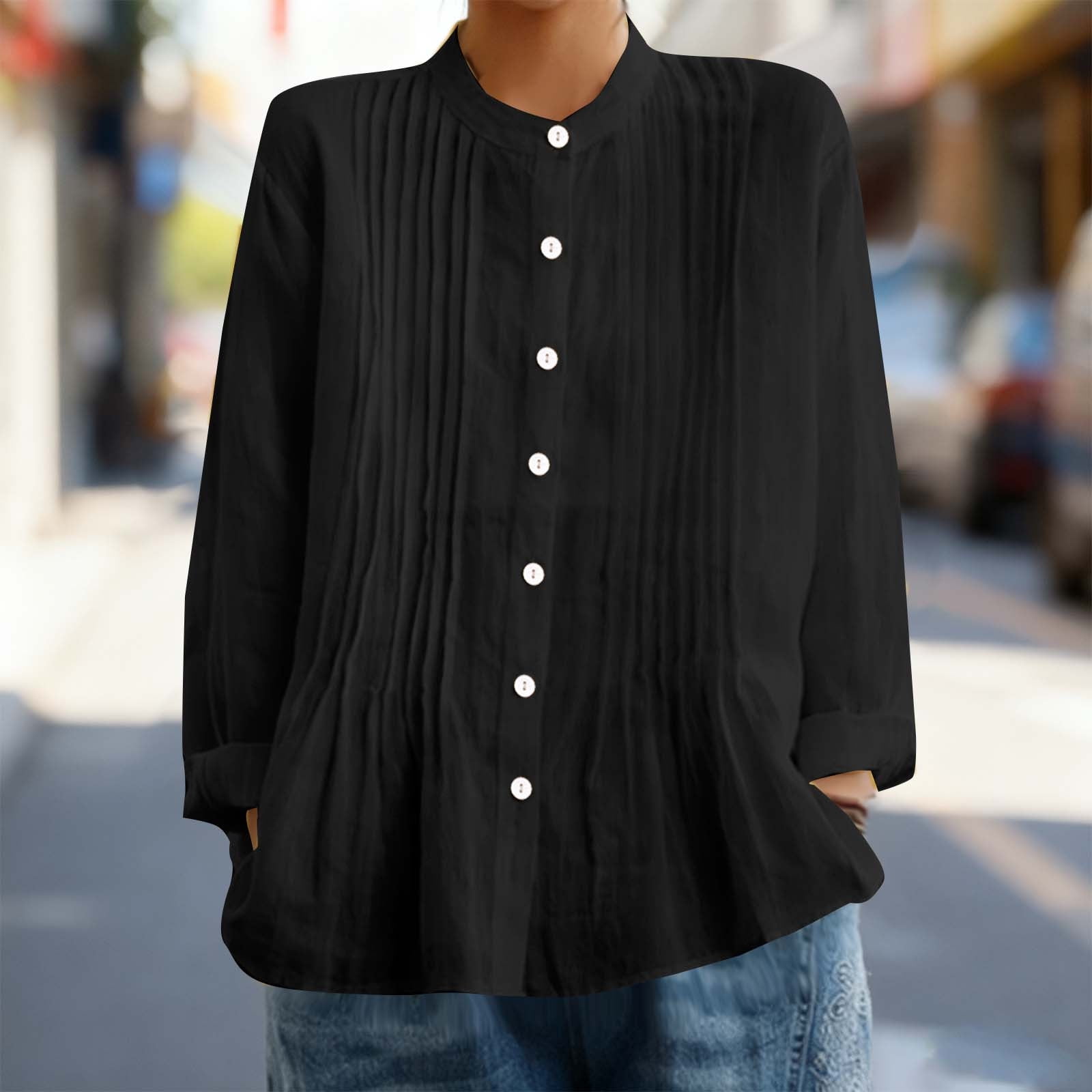 AUNVITO Women's Crinkle Texture Shirt Long Sleeve Round Neck Button ...