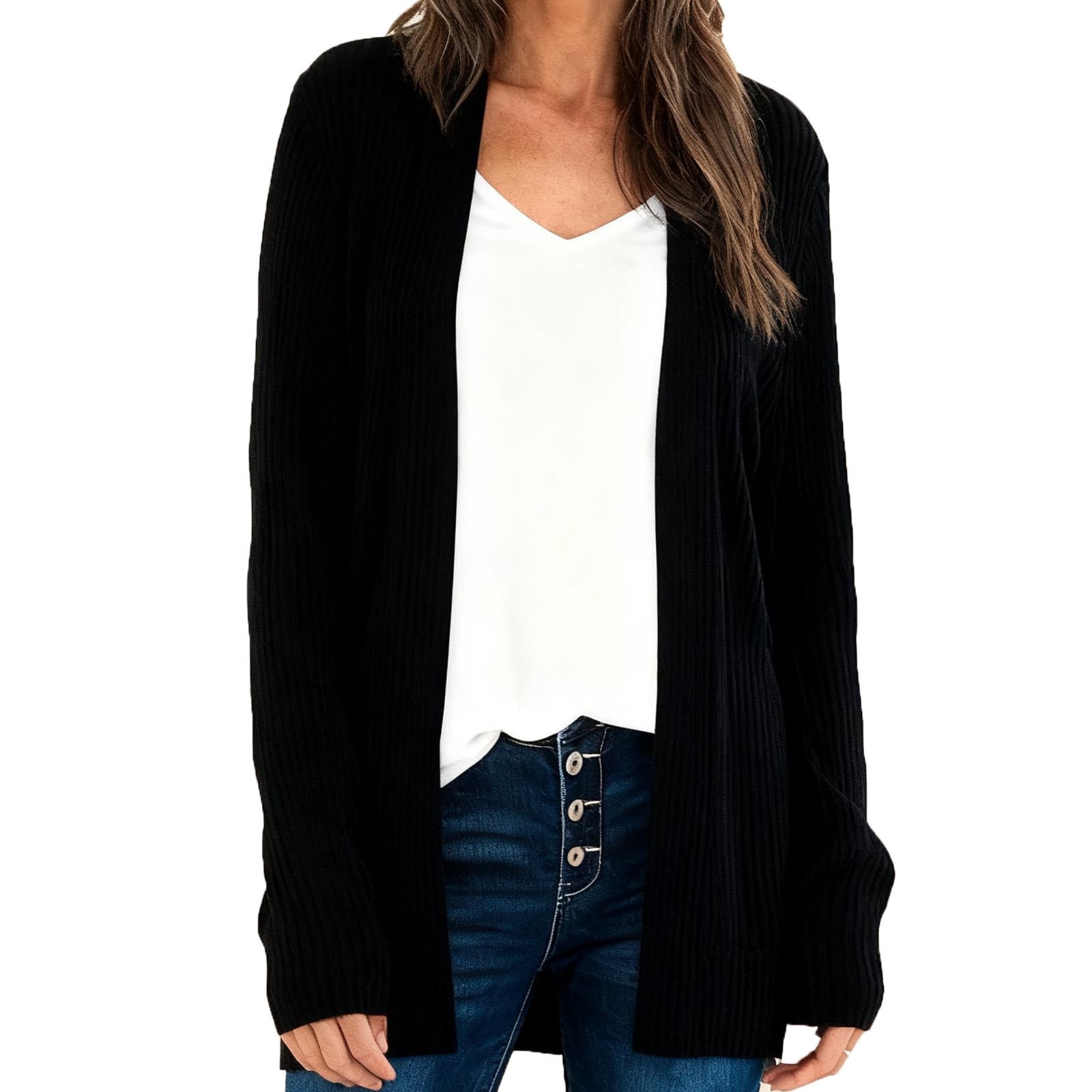 AUNVITO Women's Cropped Open-Front Cardigan Long Sleeve Knit Sweater ...