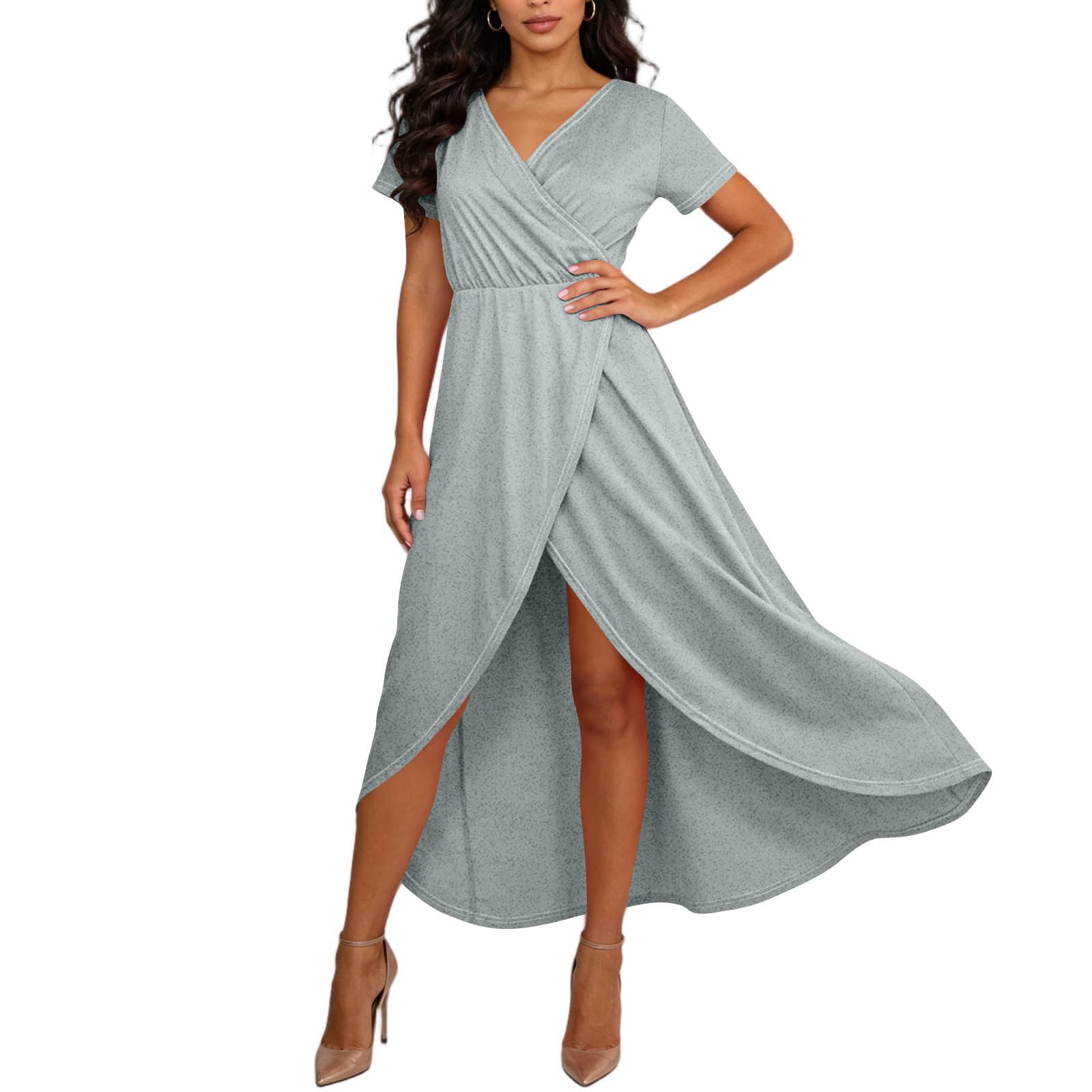 AUNVITO Women's Cross Front V-Neck Short Sleeve Dress with Elastic ...