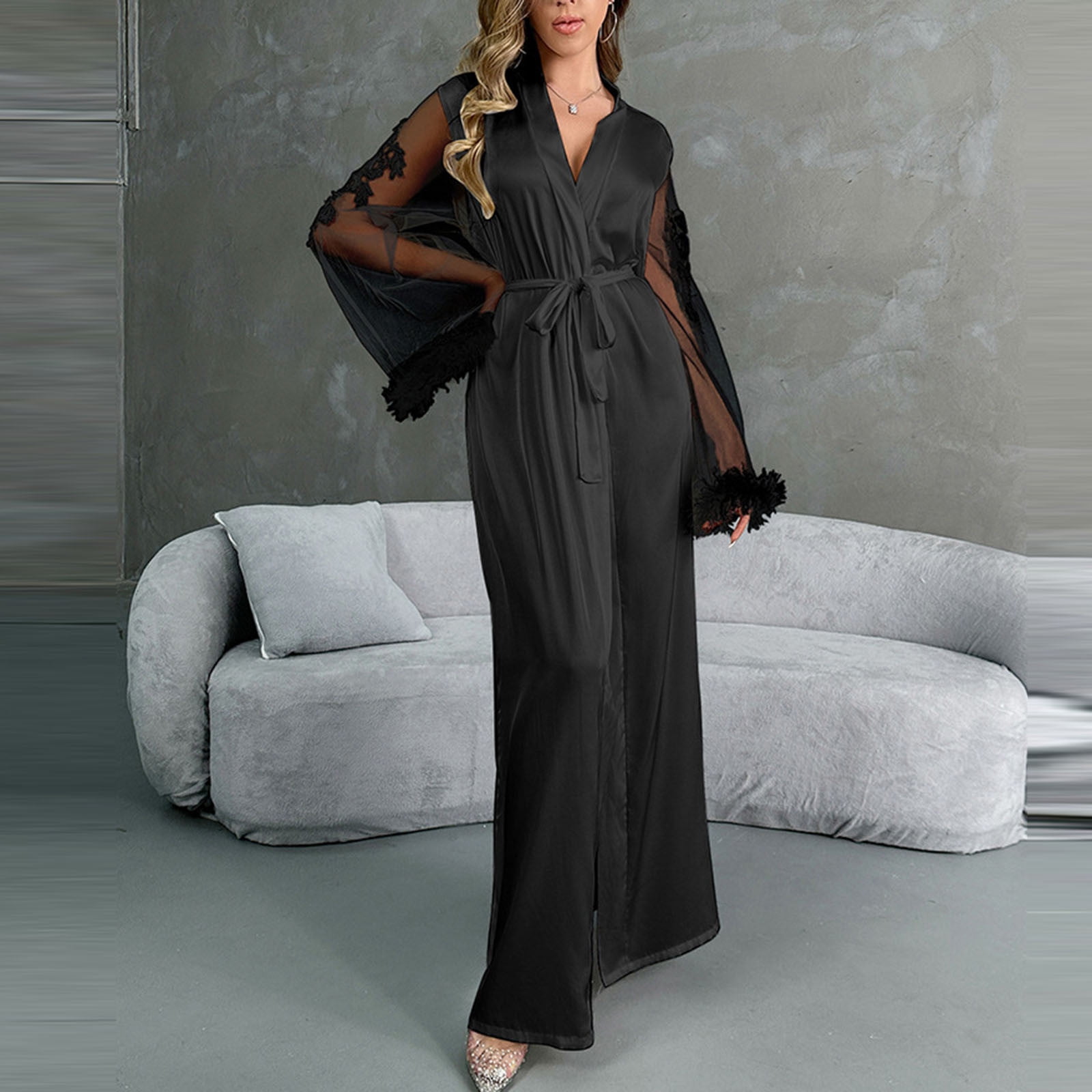 AUNVITO Women's Deep V-Neck Satin Sheer Mesh Robe with Lace Embroidery ...