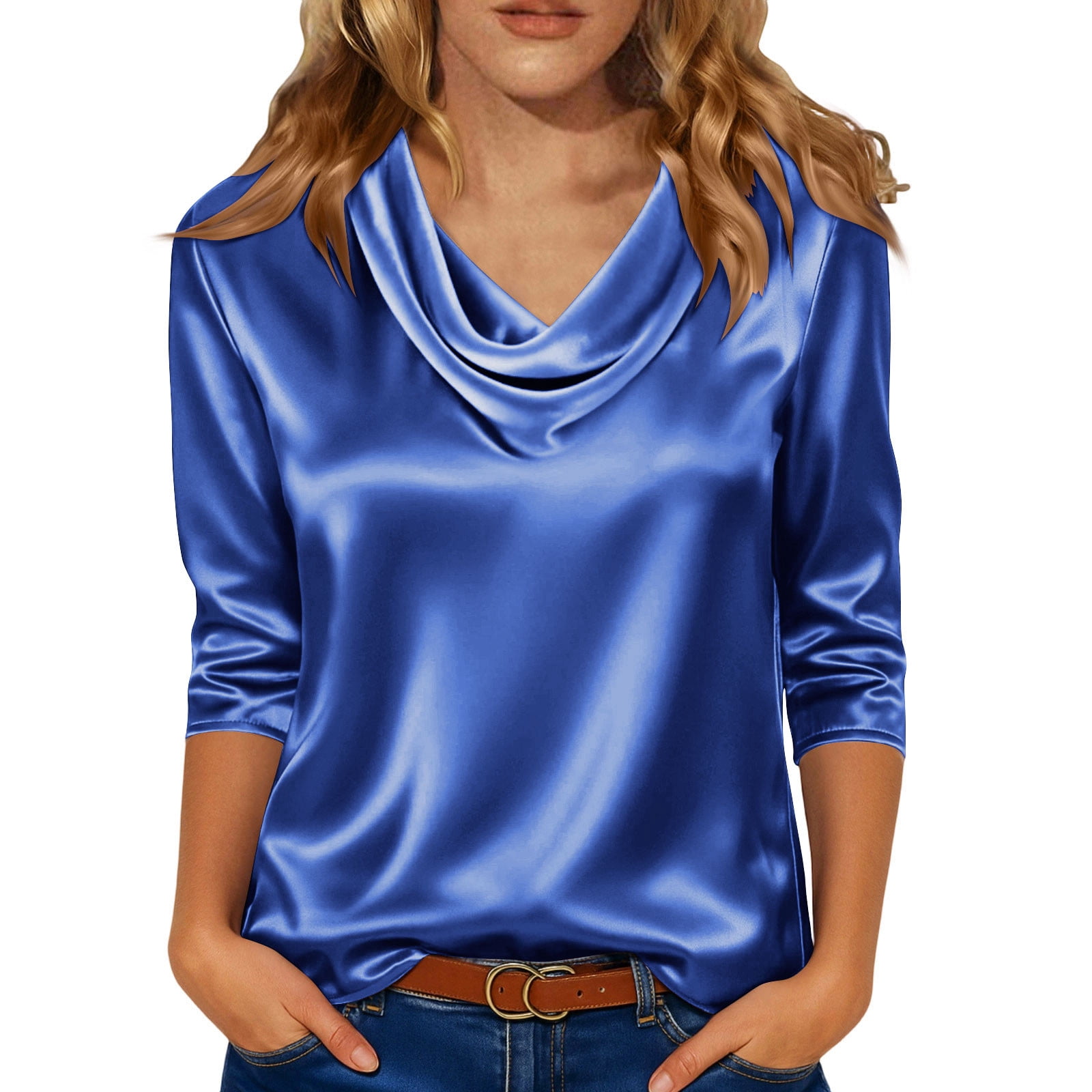 AUNVITO Women's Draped Neck Blouse 3/4 Sleeve Solid Color Elegant and ...