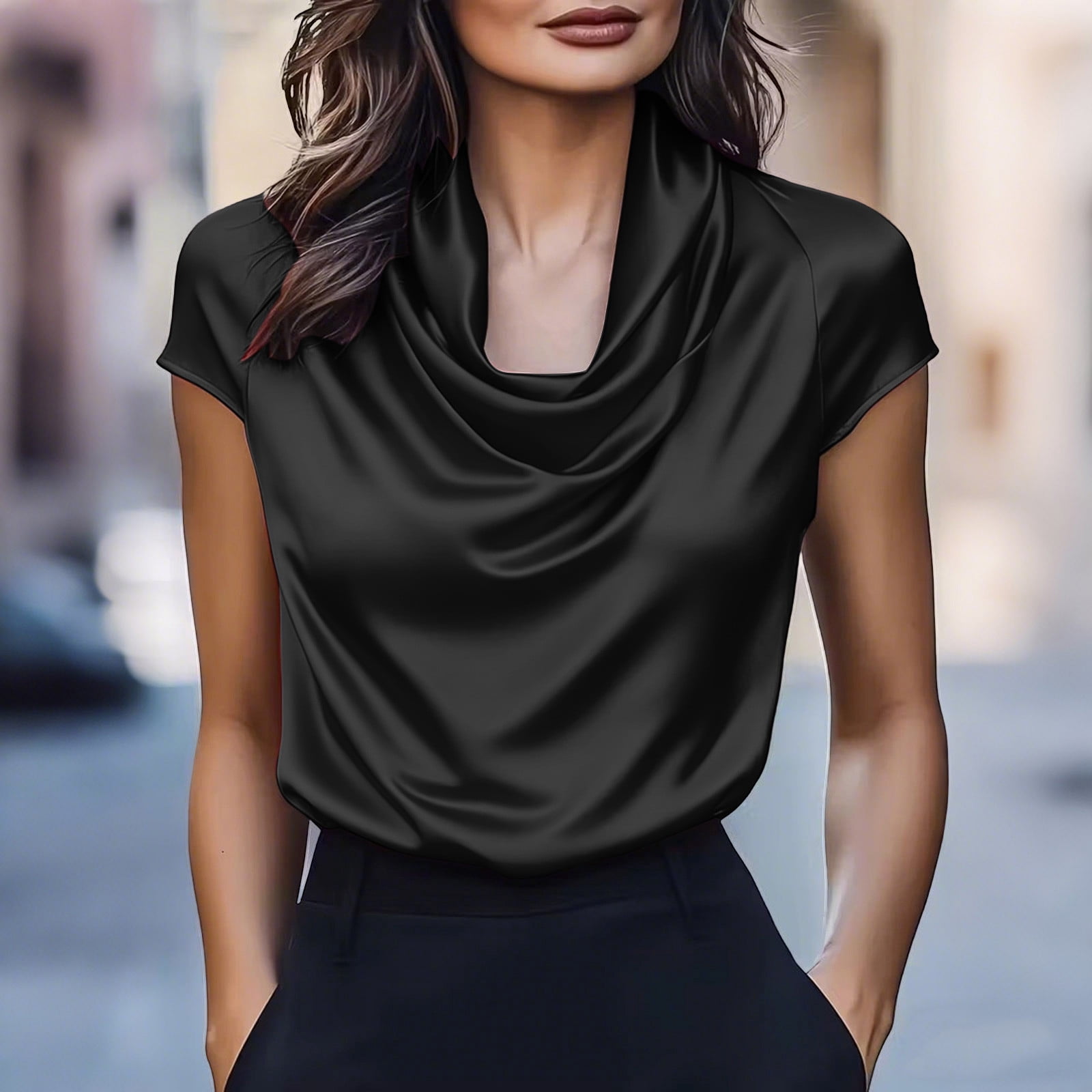 AUNVITO Women's Draped Neck T-Shirt Short Sleeve Casual and Elegant ...