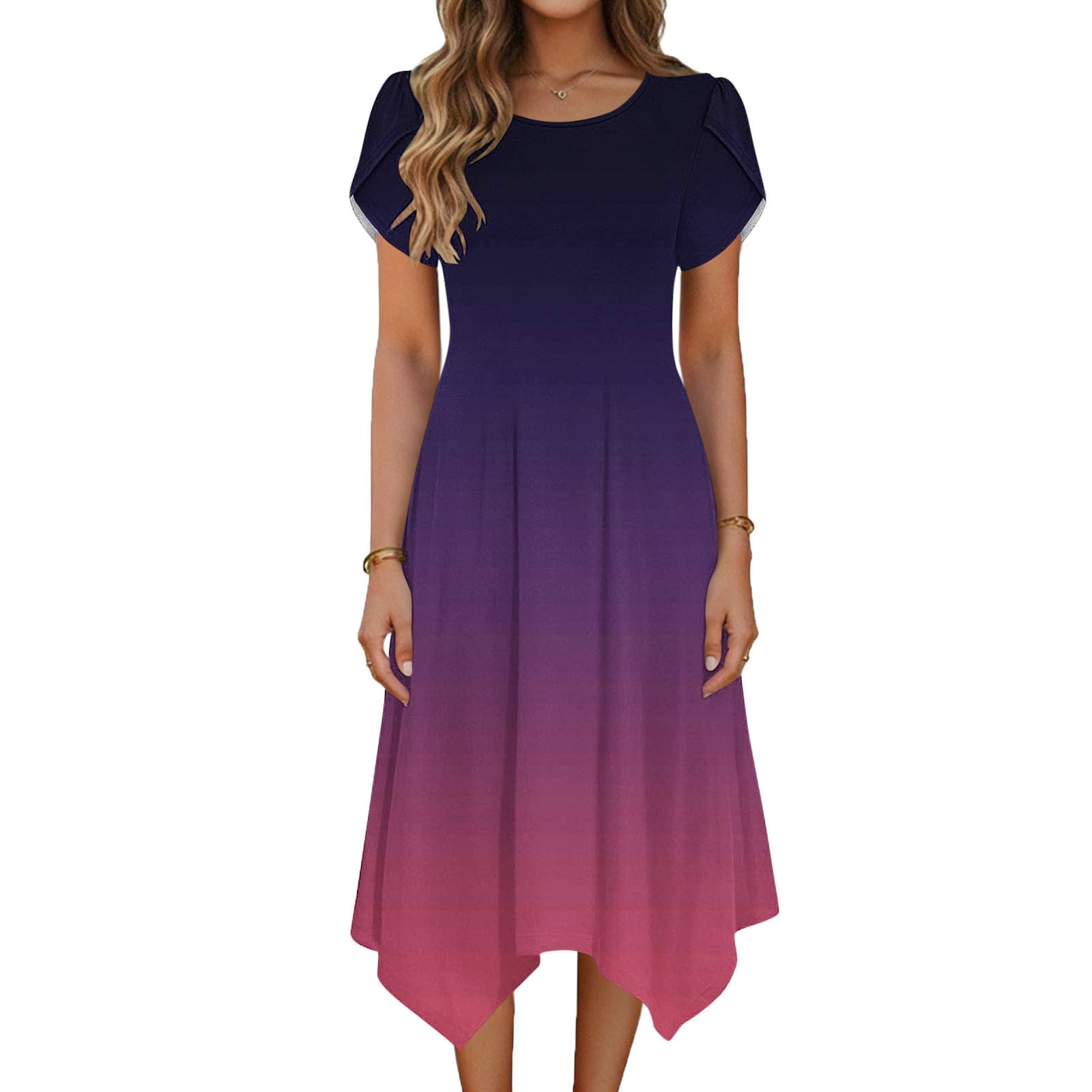 AUNVITO Women's Dress Graduation Print Round Neck Short Flutter Sleeves ...