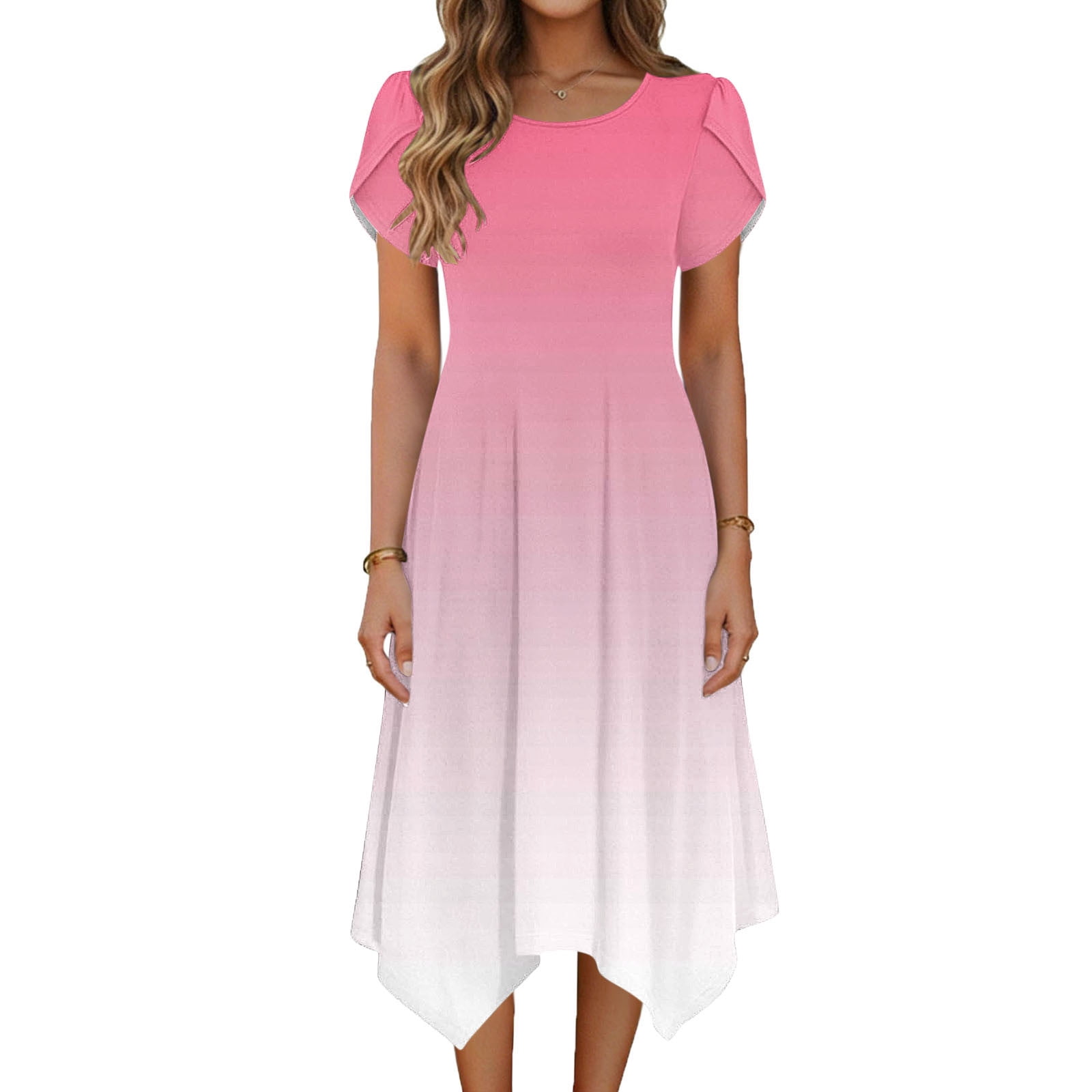 AUNVITO Women's Dress Graduation Print Round Neck Short Flutter Sleeves ...