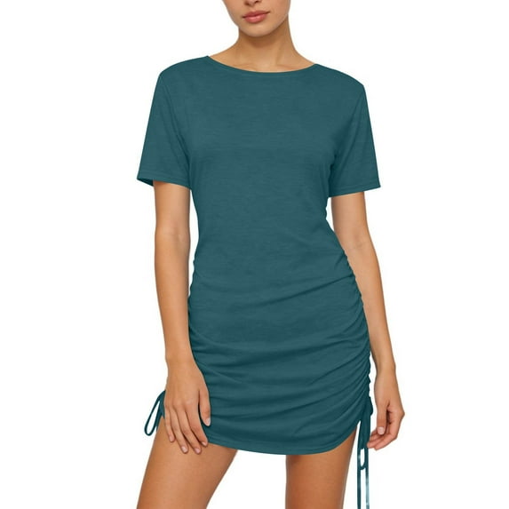 AUNVITO Women's Dress Solid Color Round Neck Short Sleeve Adjustable ...