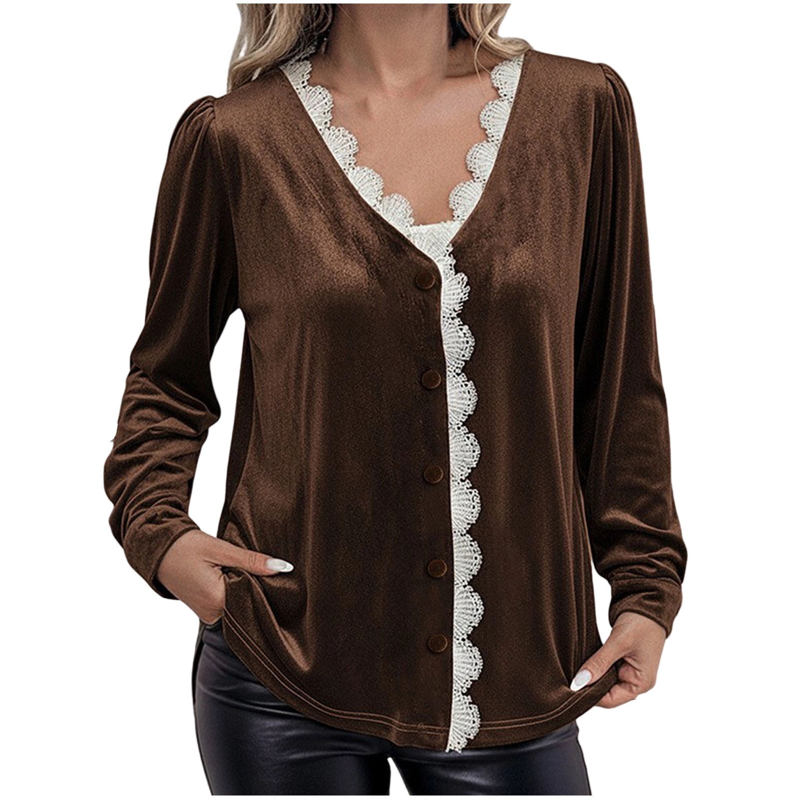 AUNVITO Women's Elegant Vintage V Neck Lace Trim Blouse Long Sleeve ...