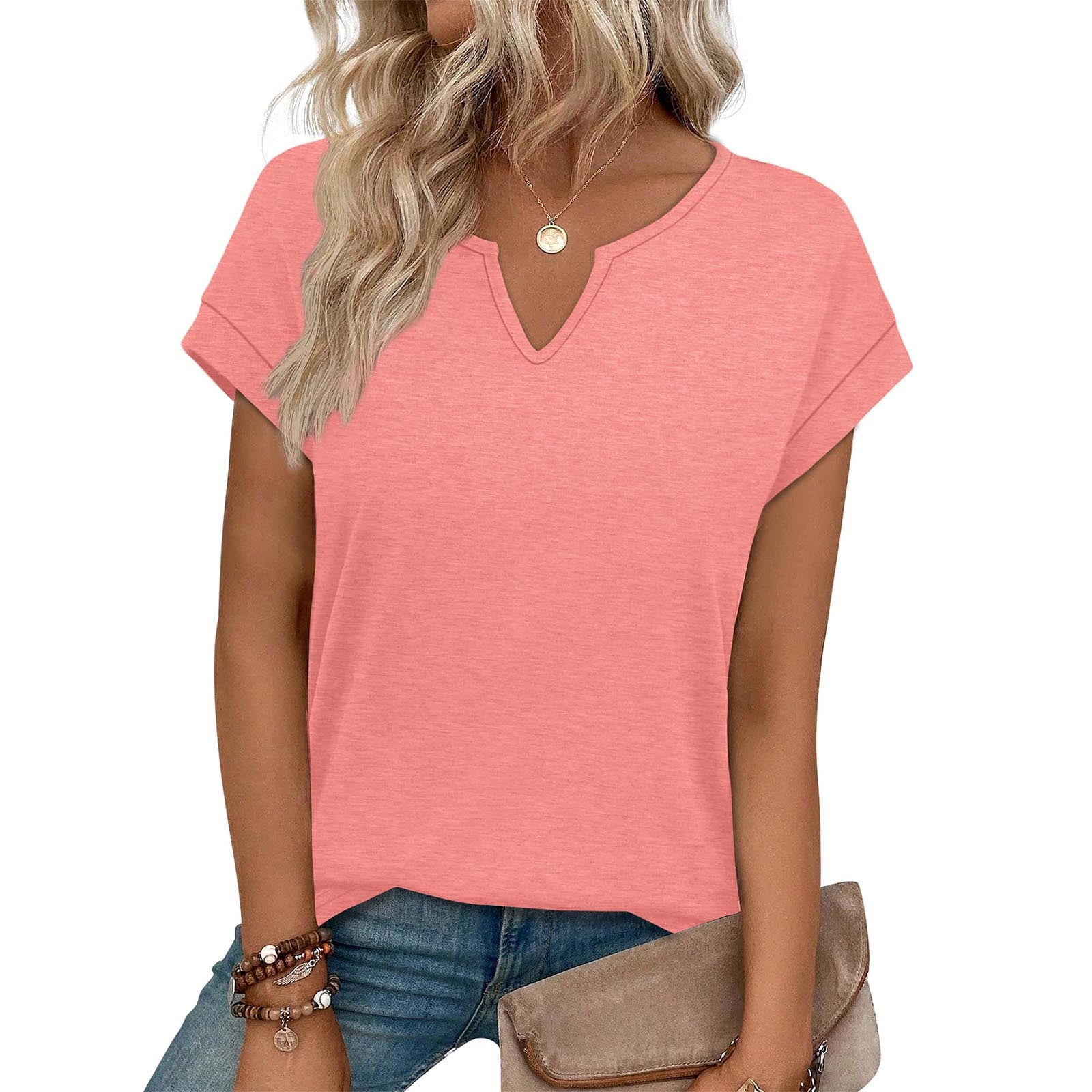 AUNVITO Women's Essential V-Neck T-Shirt Short Sleeve Casual ...