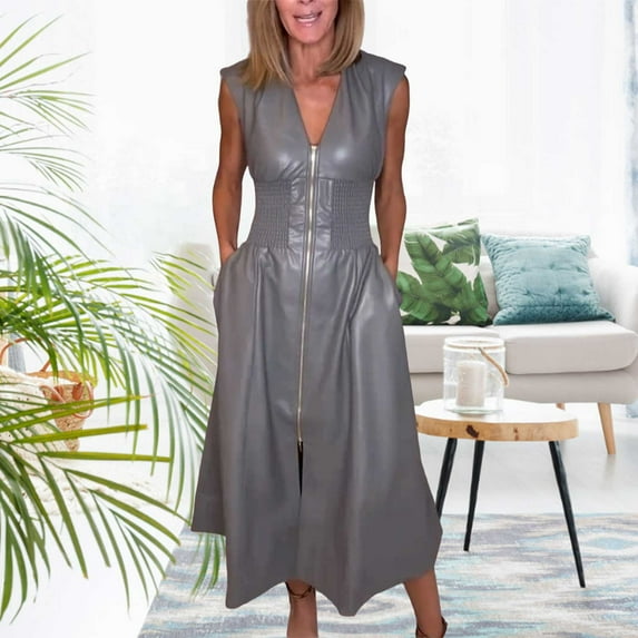 AUNVITO Women's Faux Leather Sleeveless Dress with Zipper and Waist ...