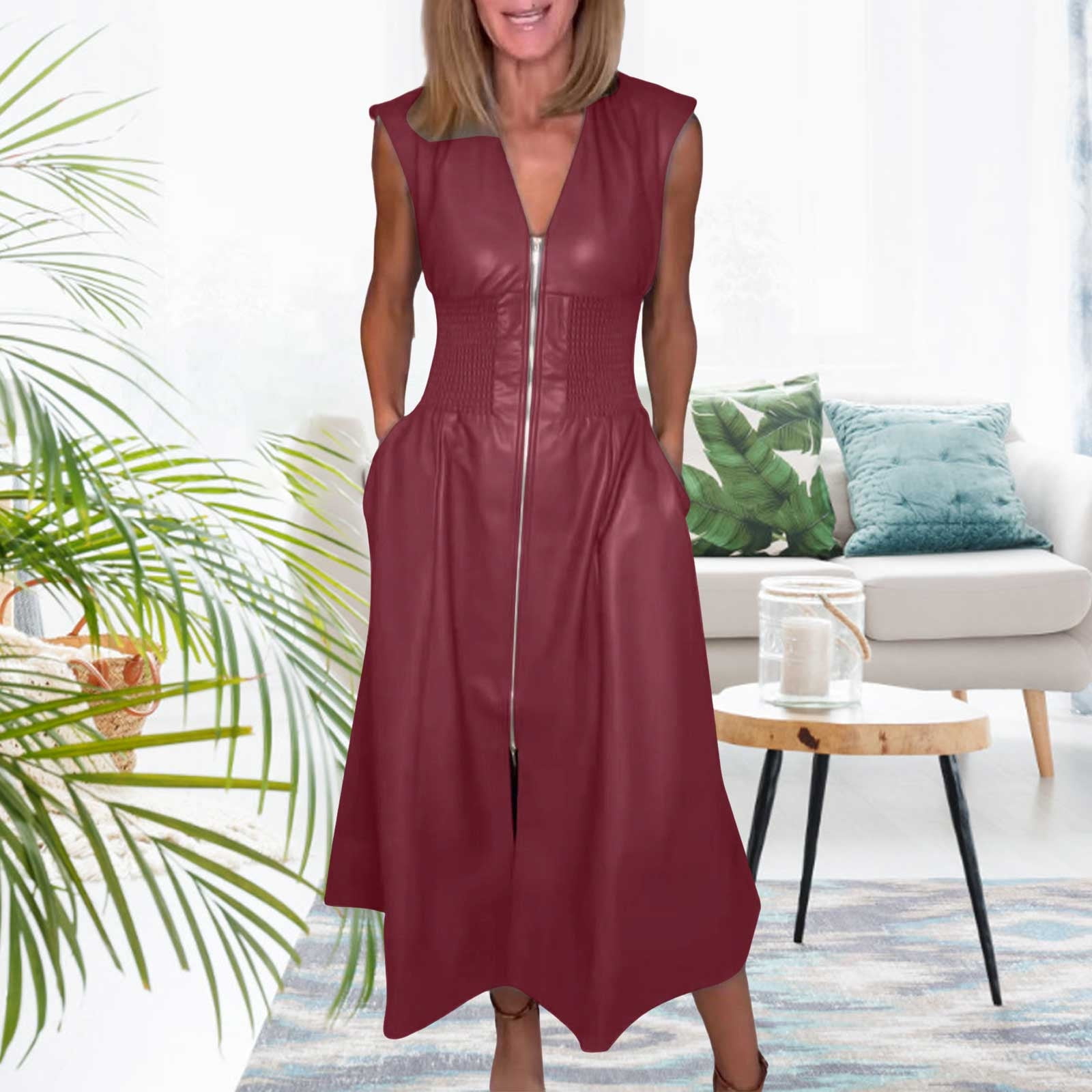 AUNVITO Women's Faux Leather Sleeveless Dress with Zipper and Waist ...