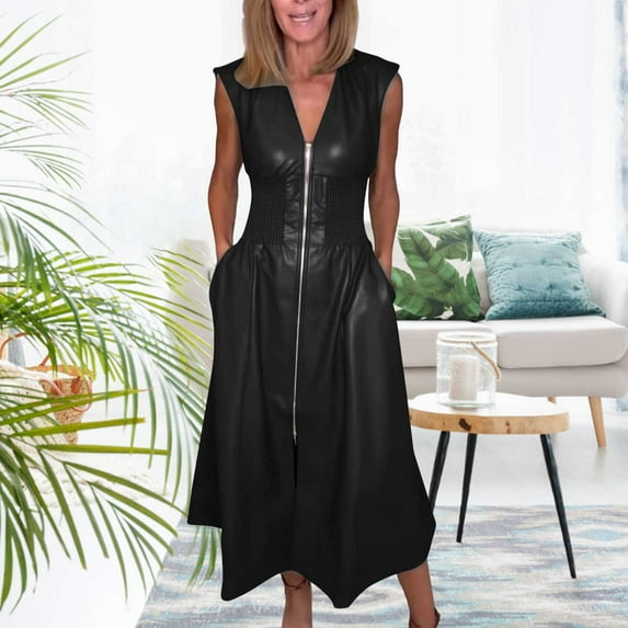 AUNVITO Women's Faux Leather Sleeveless Dress with Zipper and Waist ...