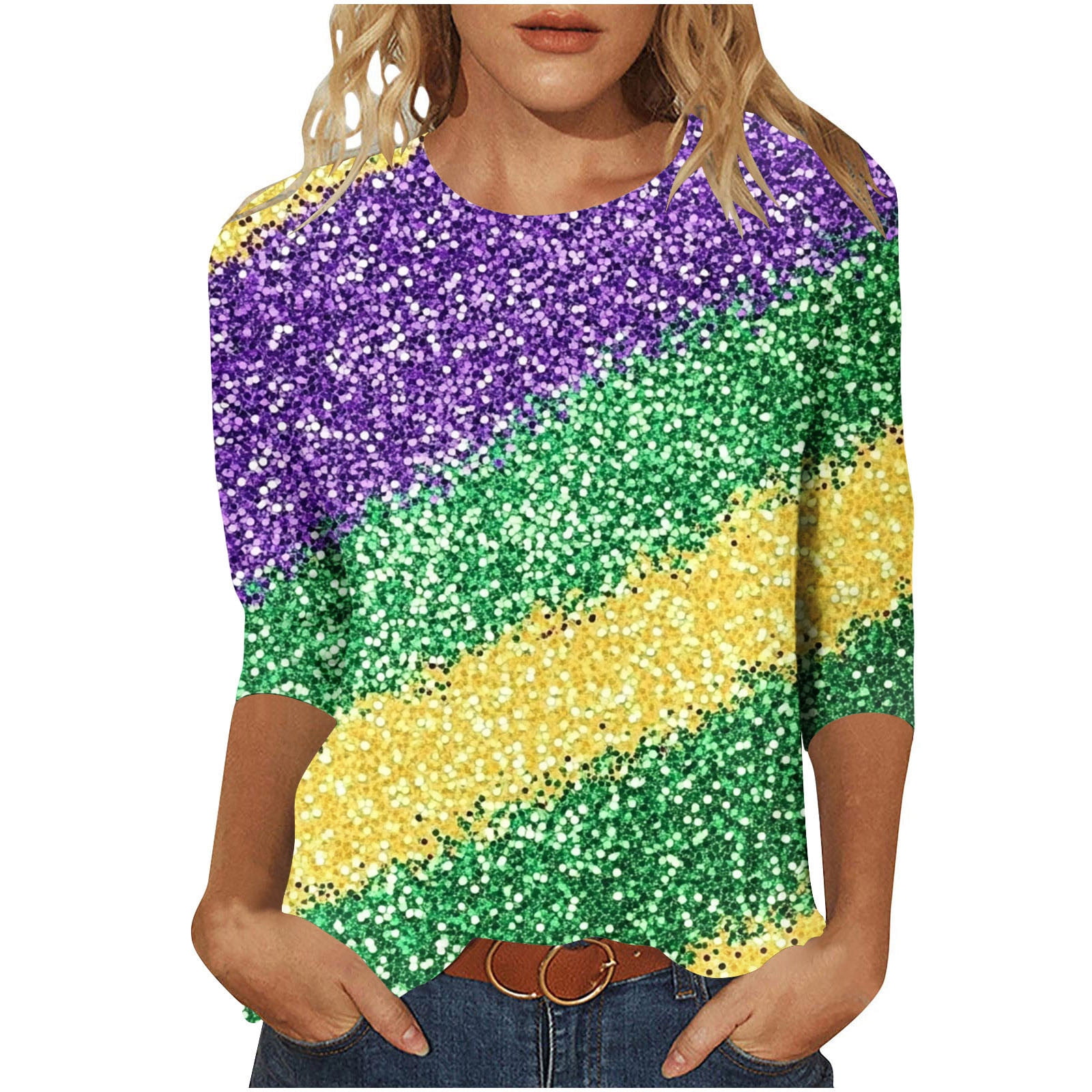 AUNVITO Women's Festival Party Top with Print Loose Fit Three-Quarter ...