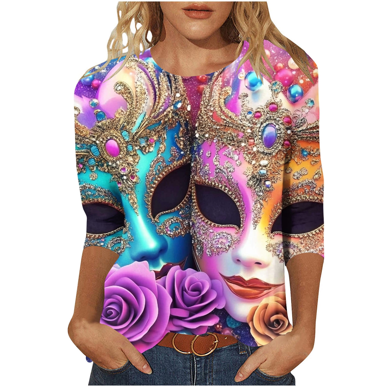 AUNVITO Women's Festival Party Top with Print Loose Fit Three-Quarter ...