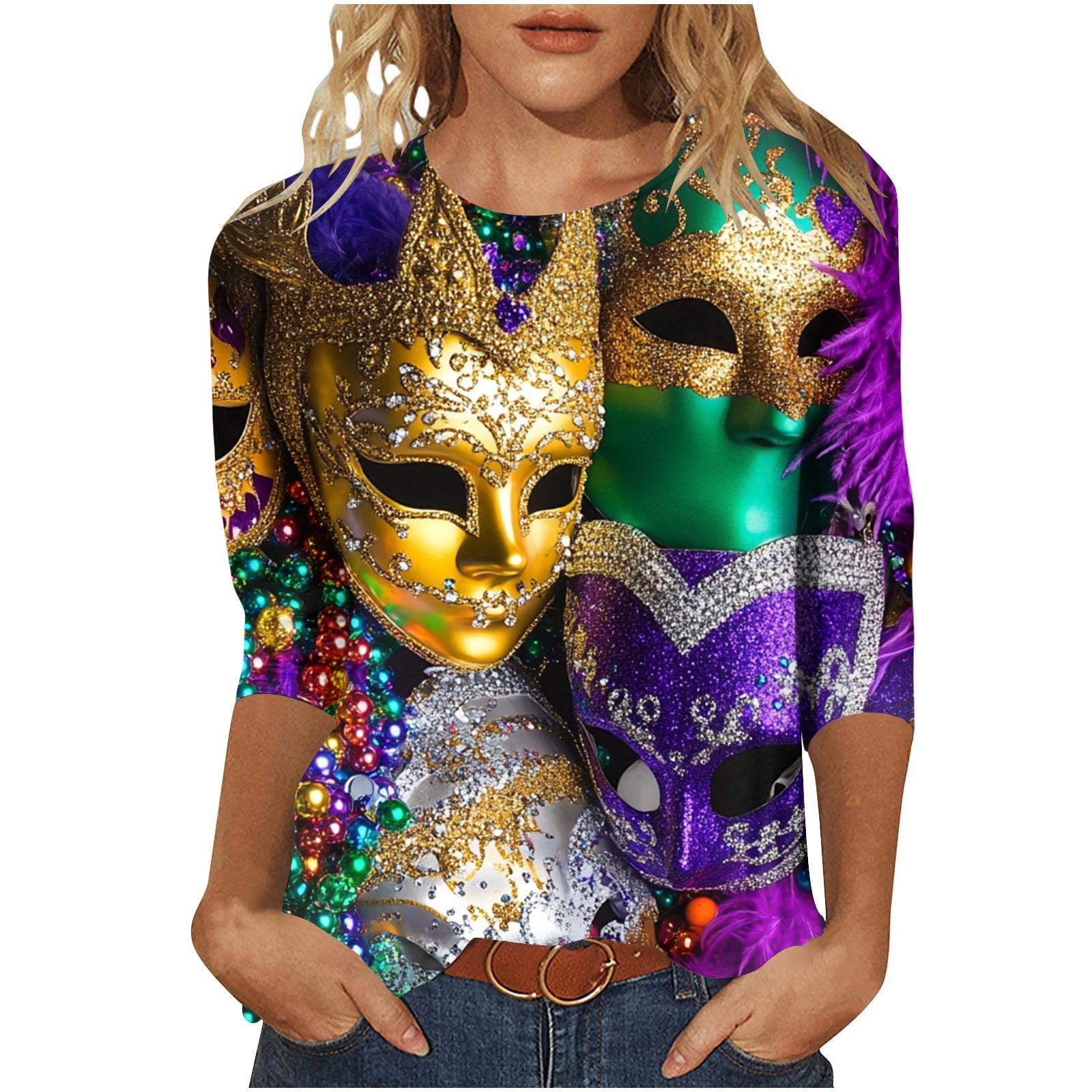 AUNVITO Women's Festival Party Top with Print Loose Fit Three-Quarter ...