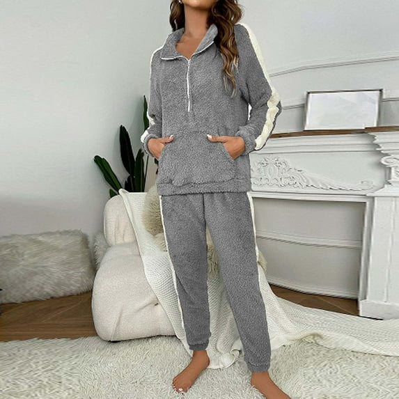 AUNVITO Women's Fleece Lined Pajama Set with Flip Collar Pullover Long ...