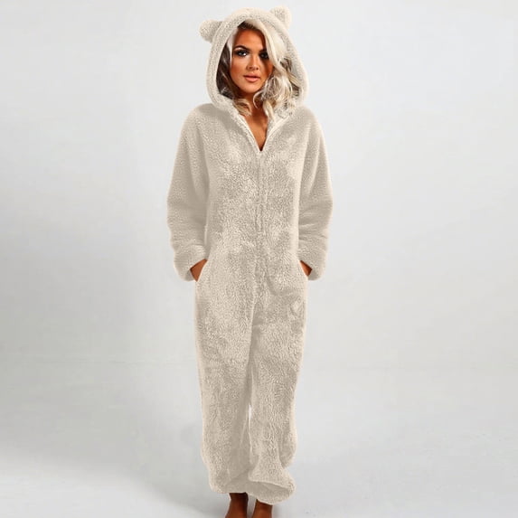 AUNVITO Women's Fleece Pajamas Onesie Long Sleeve Substantial Texture ...