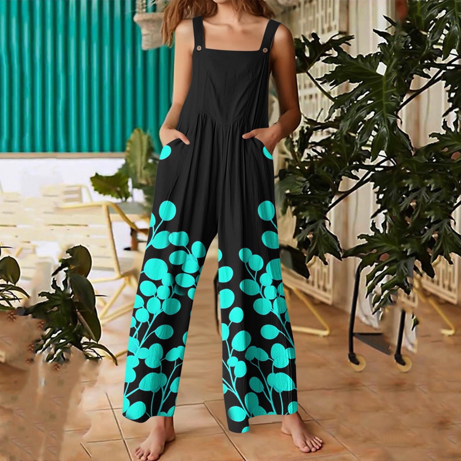 AUNVITO Women's Floral Print Button Pocket Jumpsuit Sleeveless V-Neck ...