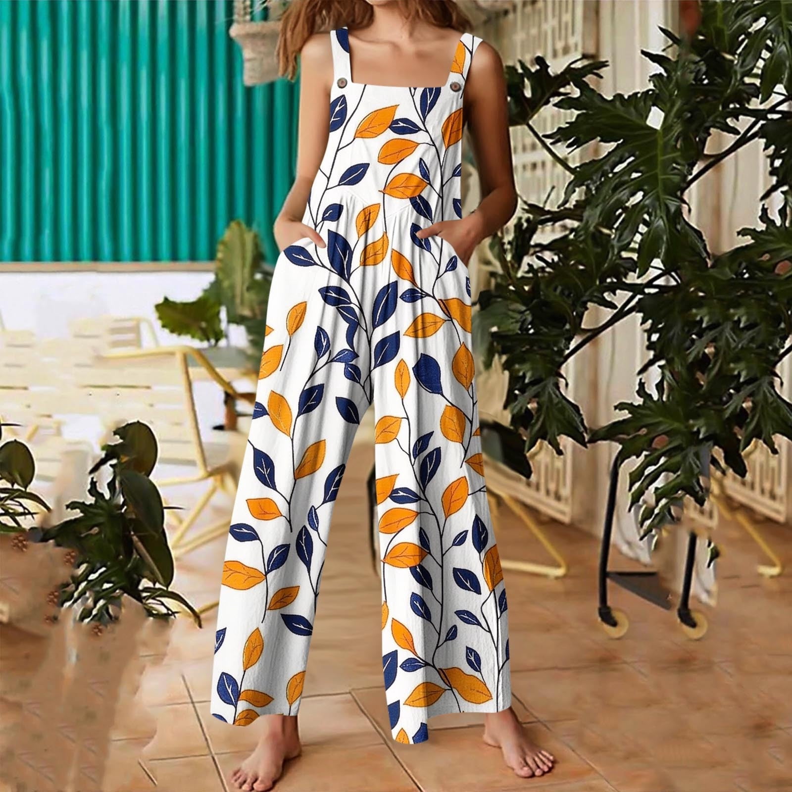 AUNVITO Women's Floral Print Button Pocket Jumpsuit Sleeveless V-Neck ...