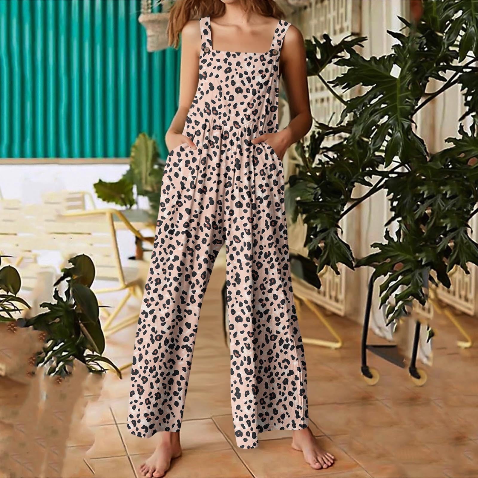 AUNVITO Women's Floral Print Button Pocket Jumpsuit Sleeveless V-Neck ...