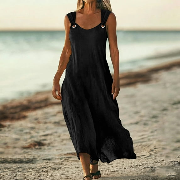 AUNVITO Women's Flowy Summer Maxi Dress with Round Neck Spaghetti Strap ...
