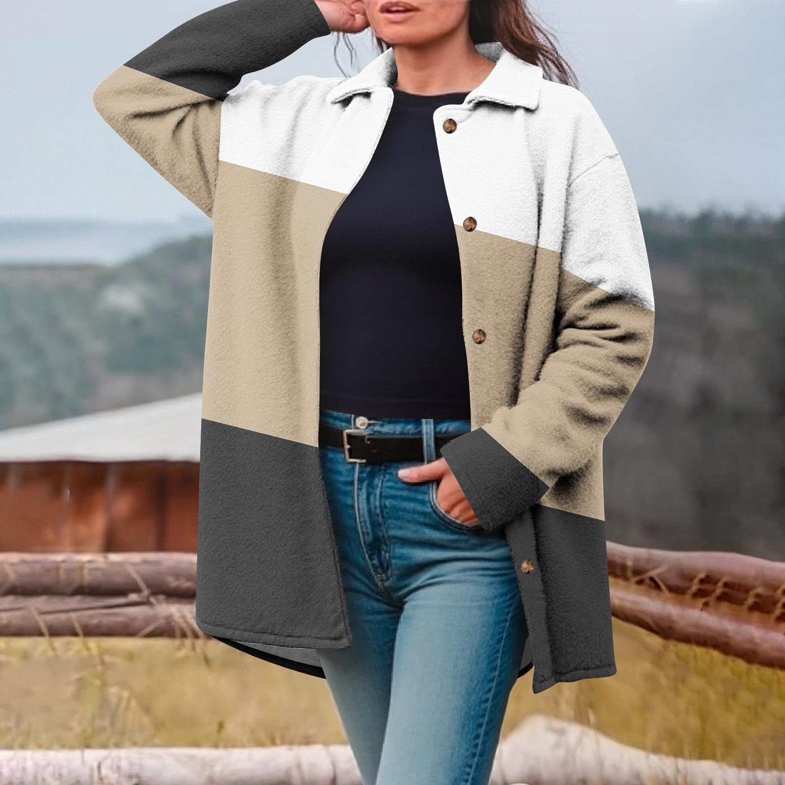 AUNVITO Women's Fluffy Fleece Winter Coat Printed Oversized Button ...