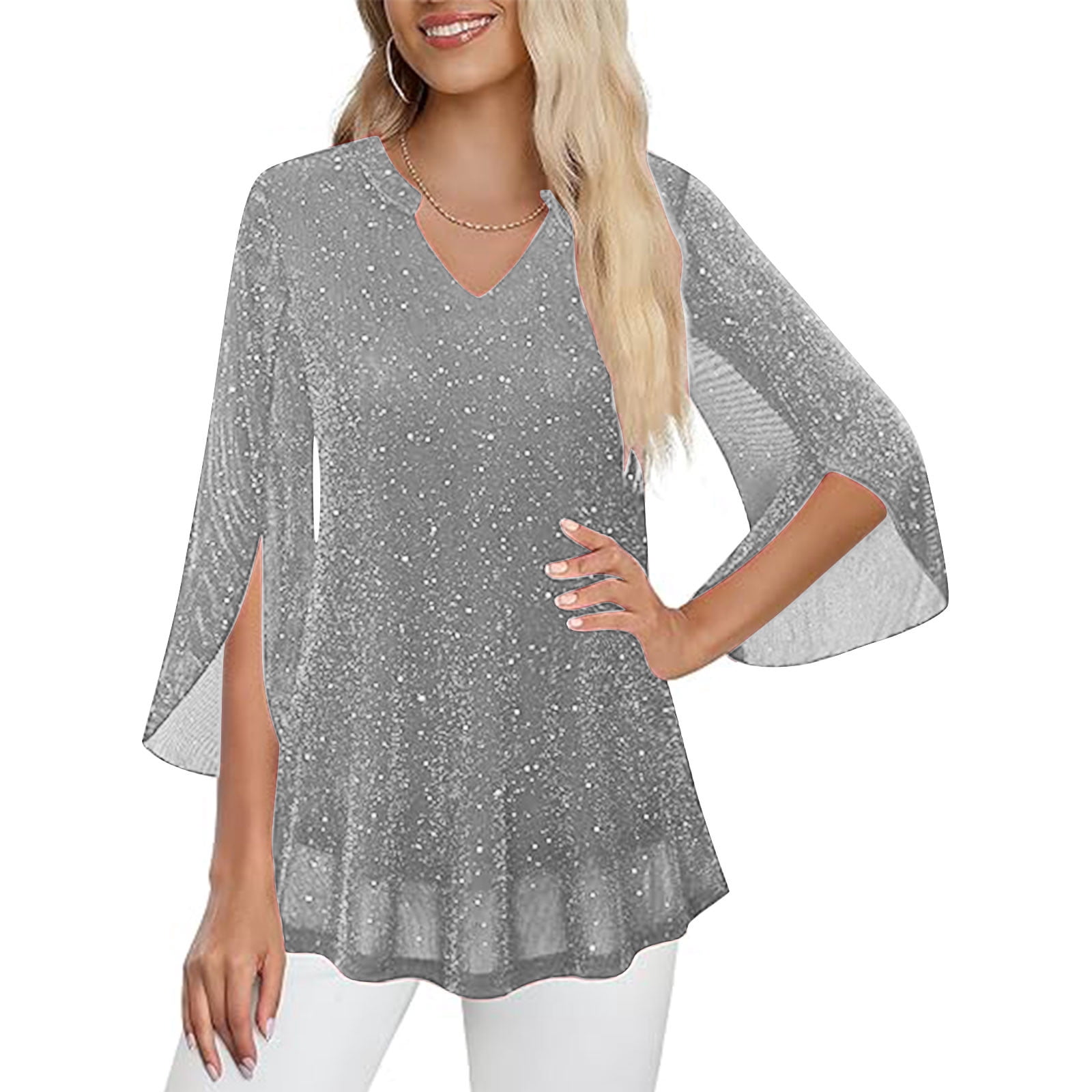 AUNVITO Women's Gold Foil V-Neck Mesh 3/4 Sleeve Party Blouse with ...