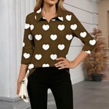 AUNVITO Women's Heart Print Notched Collar Three-Quarter Sleeve Top ...