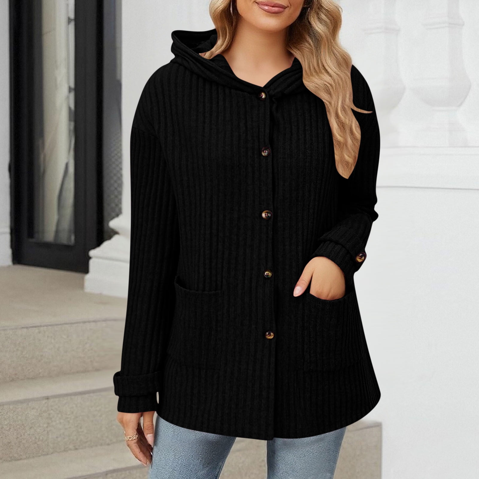 AUNVITO Women's Hooded Jacket Button Front with Pockets and Side Slits ...