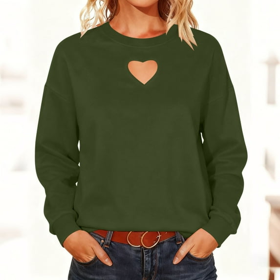 AUNVITO Women's Lace Heart Round Neck Long Sleeve Sweatshirt Loose Fit ...