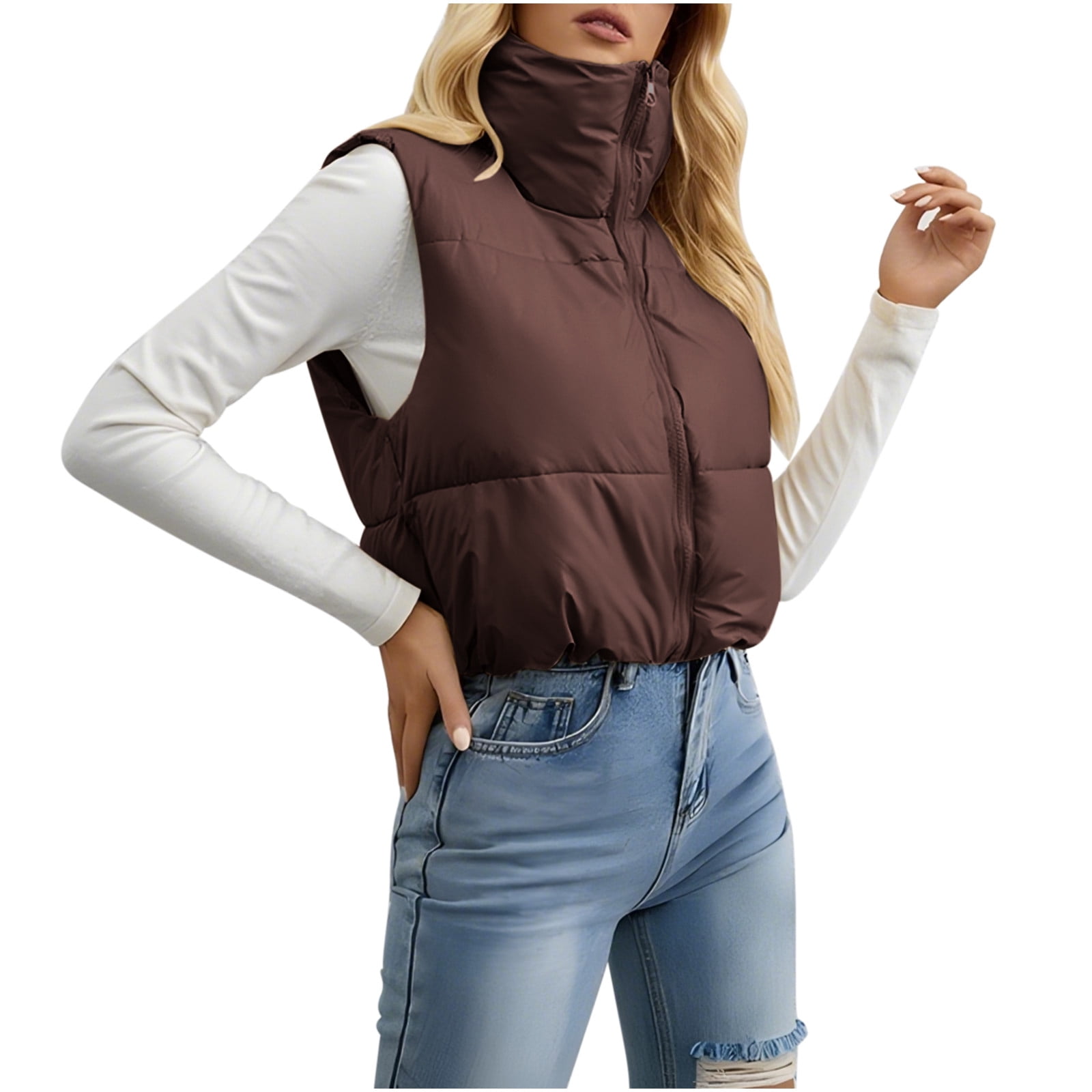 AUNVITO Women's Lightweight Short Puffer Vest High Neck Loose Fit Slim ...