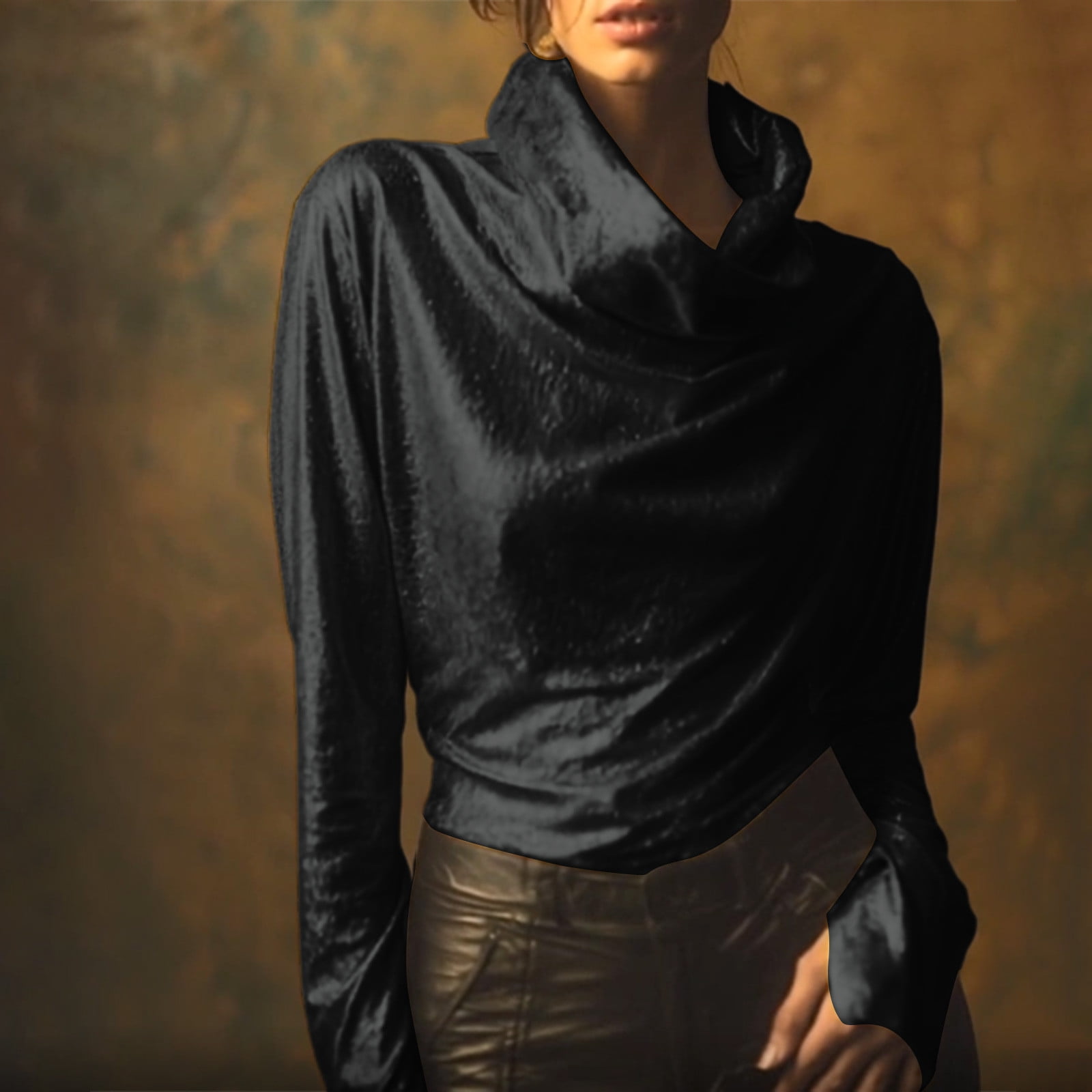 AUNVITO Women's Long Sleeve High Neck Solid Color Blouse Casual and ...