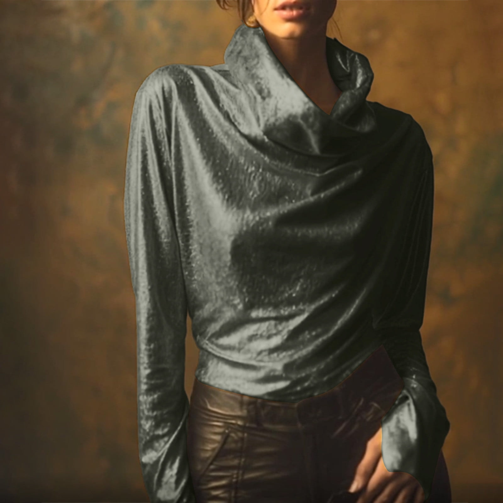 AUNVITO Women's Long Sleeve High Neck Solid Color Blouse Casual and ...