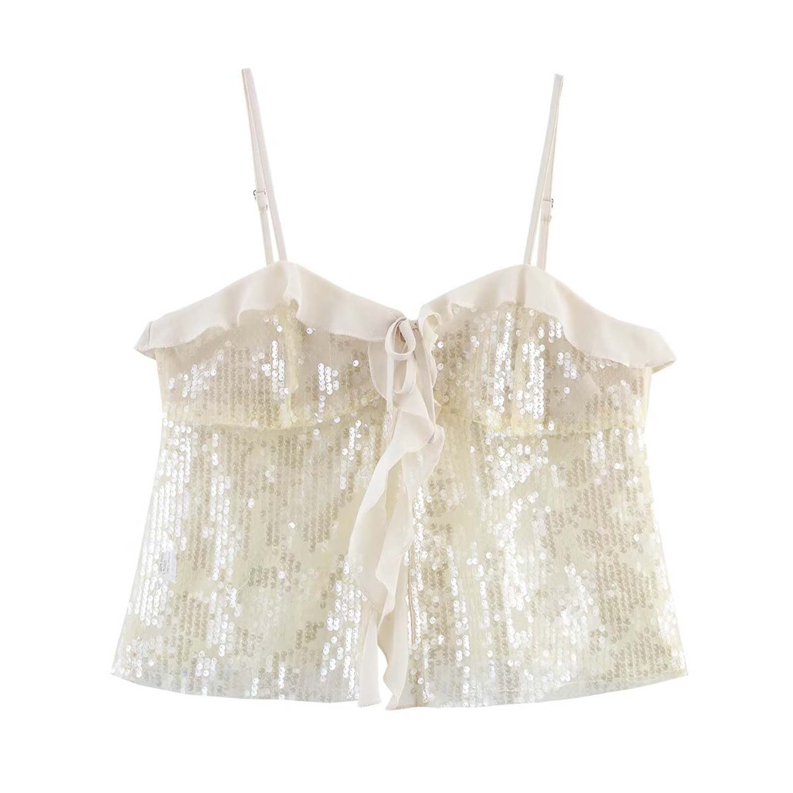 AUNVITO Women's Metal Glitter Party V-Neck Slim Strap Camisole Top ...