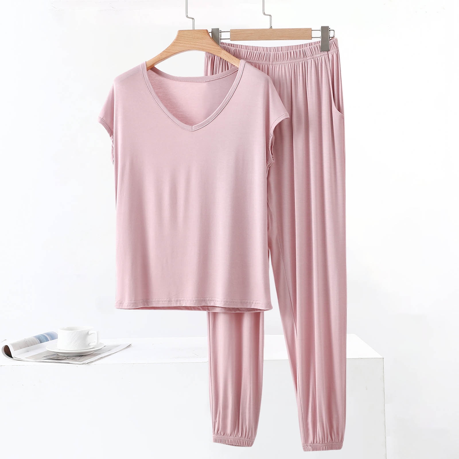 AUNVITO Women's Modal Blend Pajama Set Relaxed V-Neck Short Sleeve Long ...