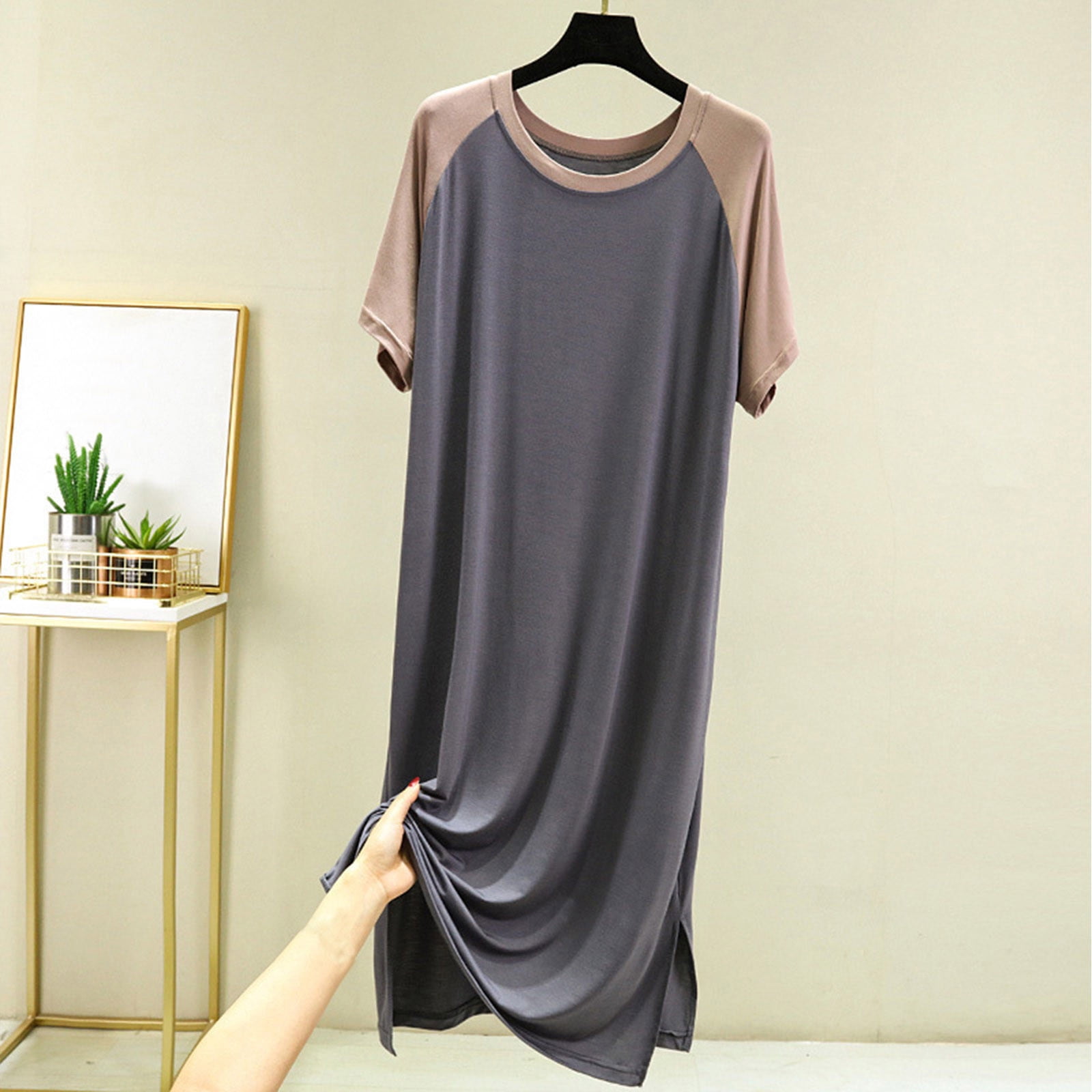 AUNVITO Women's Modal Blend Sleep Dress Round Neck Short Sleeve Solid ...