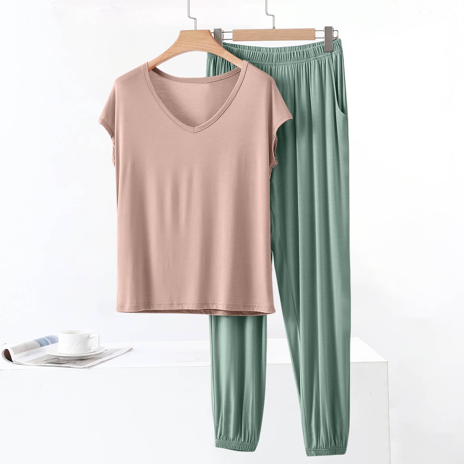 AUNVITO Women's Modal Pajama Set Relaxed V-Neck Short Sleeve and Long ...