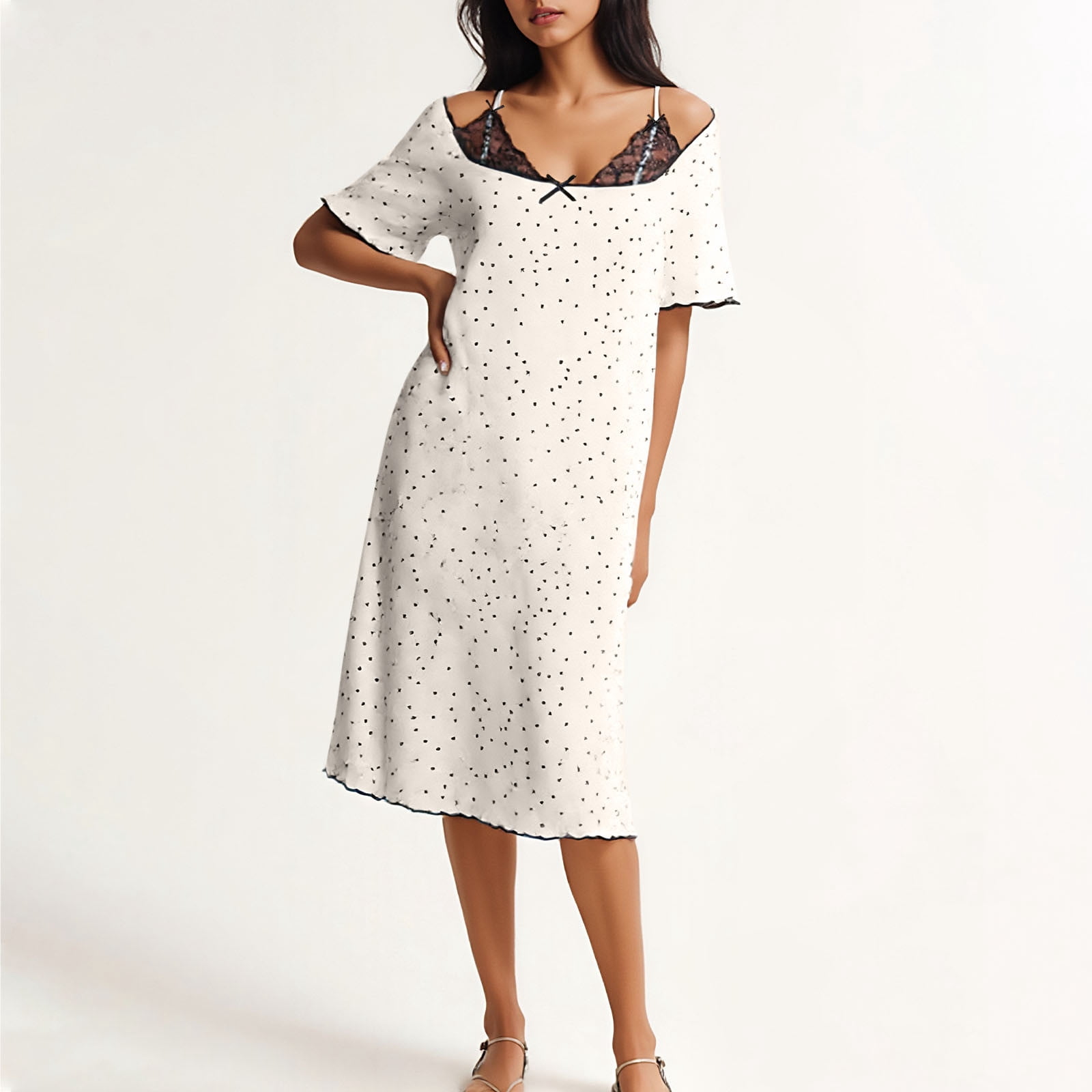 AUNVITO Women's Nightgown Spaghetti Strap Lace Trim Polka Dot Print ...