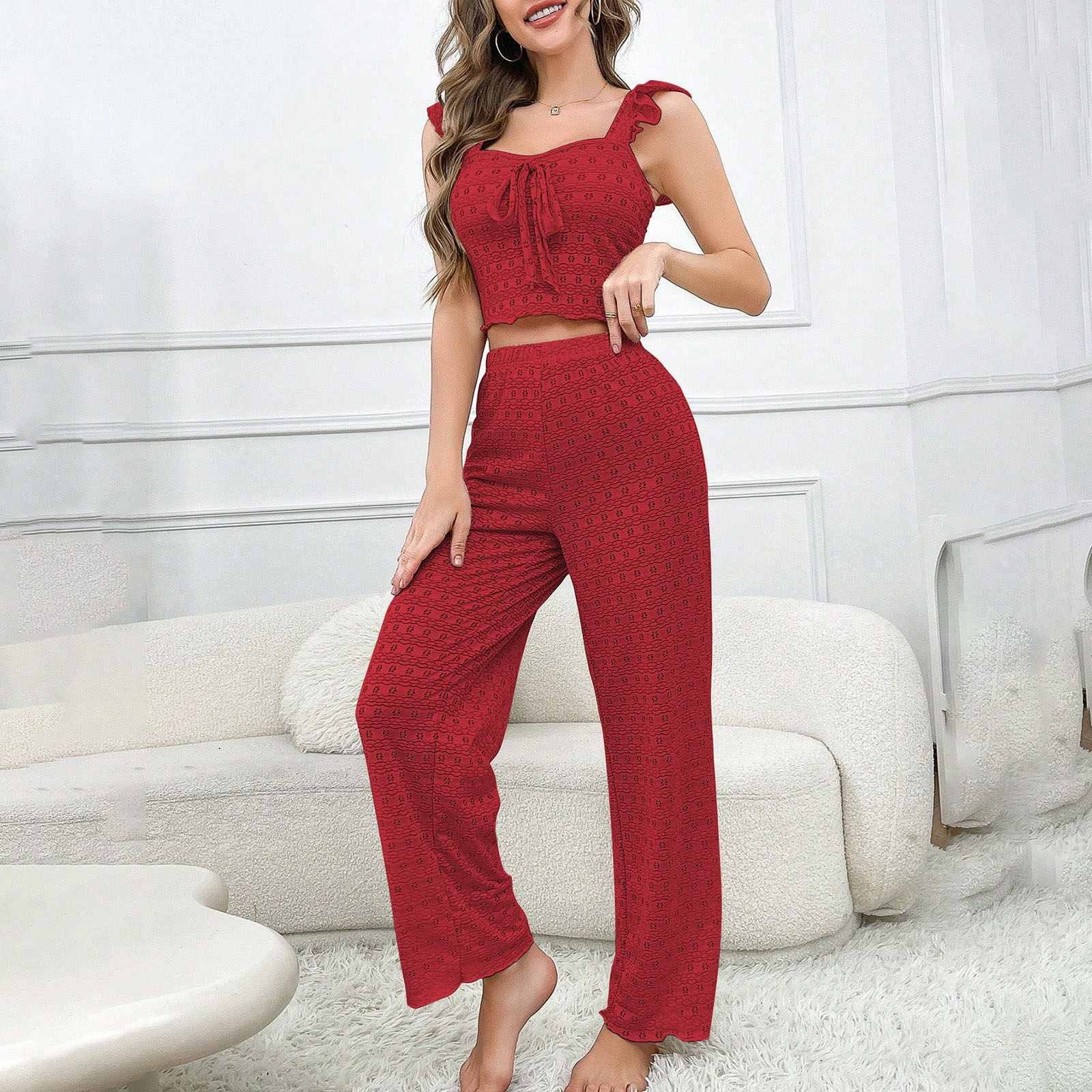 AUNVITO Women's Pajama Set Flutter Sleeve Lace Cami Top and Pants Solid ...