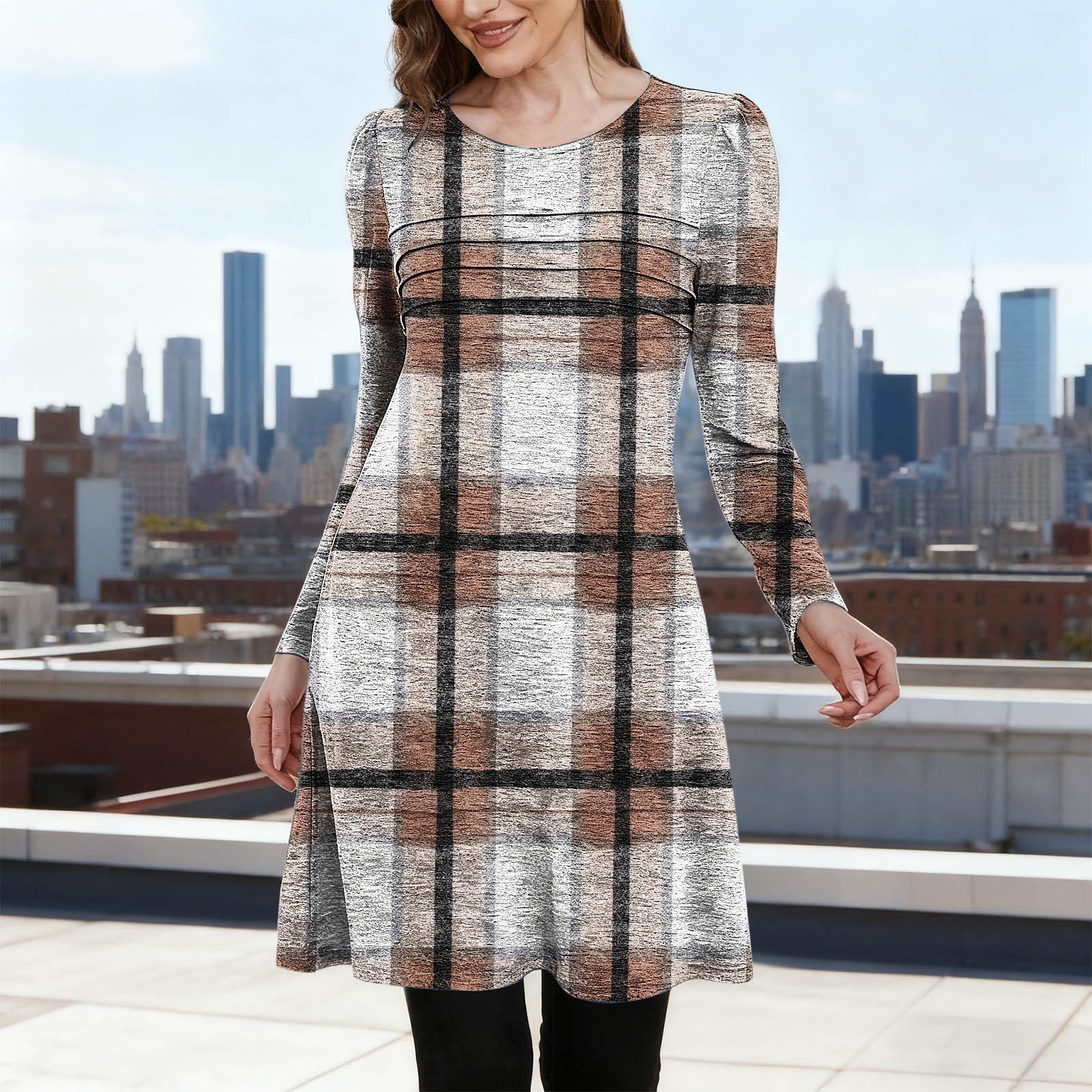 AUNVITO Women's Plaid Print Dress Round Neck Ruffled Long Sleeve with ...