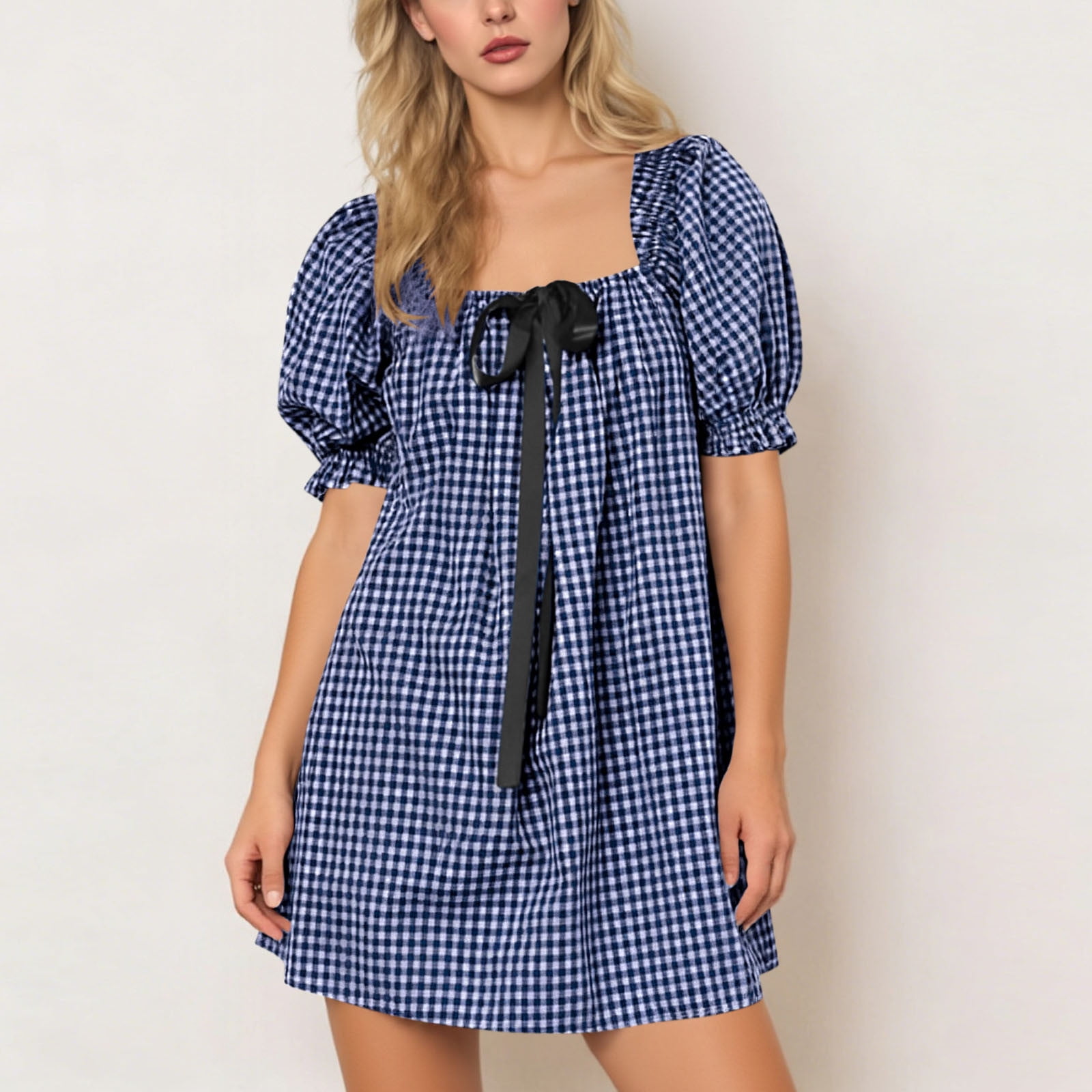 AUNVITO Women's Plaid Short Sleeve Puff Sleeve Square Neck Short Dress ...
