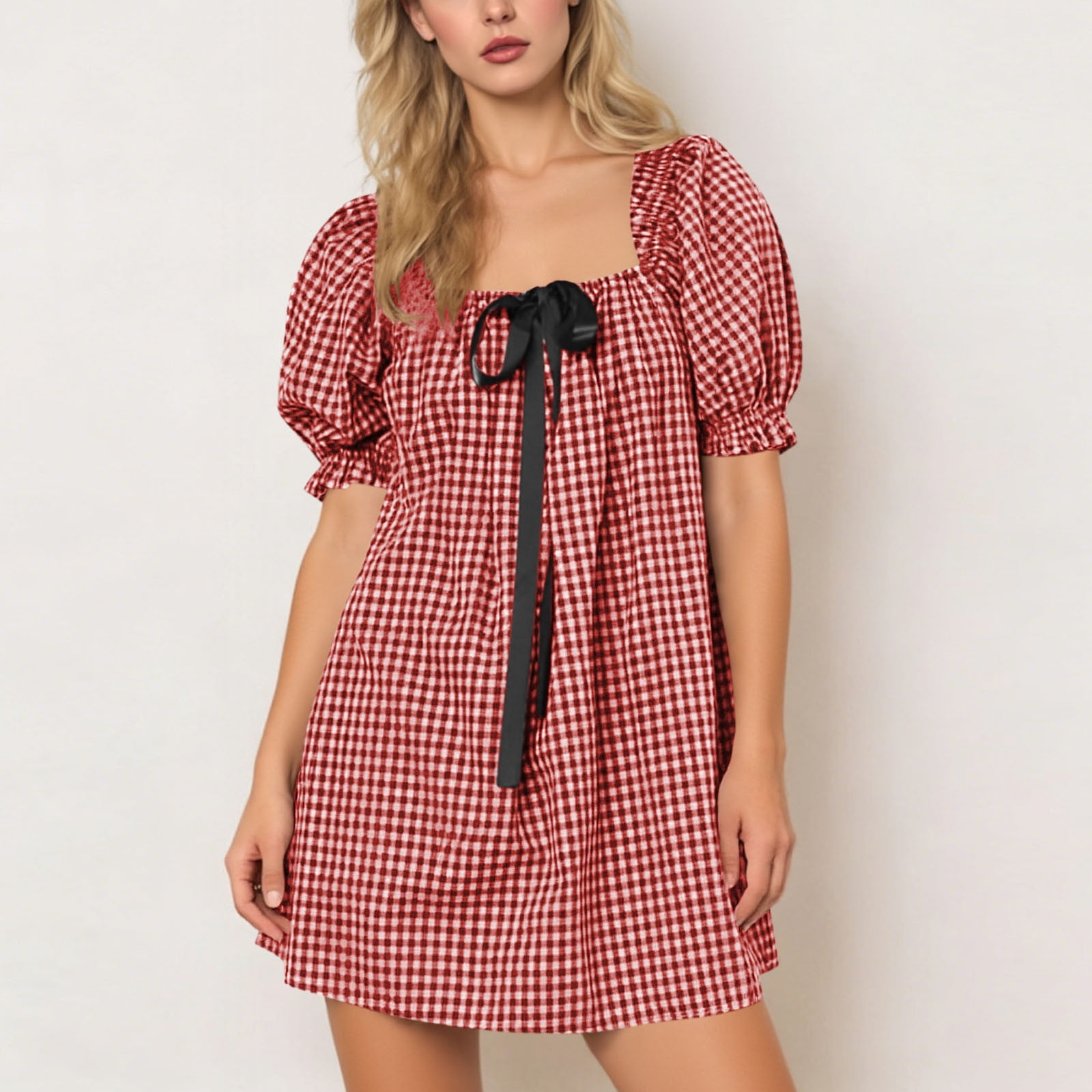 AUNVITO Women's Plaid Short Sleeve Puff Sleeve Square Neck Short Dress ...