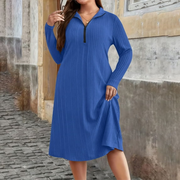 AUNVITO Women's Plus Size Long Sleeve Half Zip Collar Relaxed Dress ...