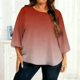 AUNVITO Women's Plus Size Ombre Casual Top Three-Quarter Sleeve Round ...