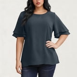 AUNVITO Women's Plus Size Shirt Double Layer Flutter-Style Sleeves ...