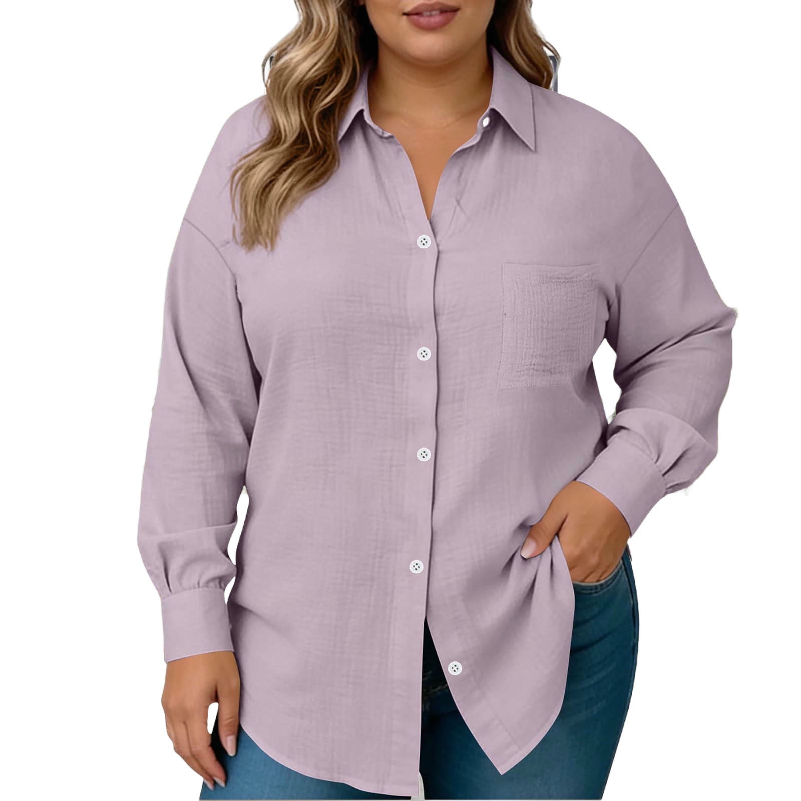 AUNVITO Women's Plus Size Solid Color Long Sleeve Button Front Shirt ...