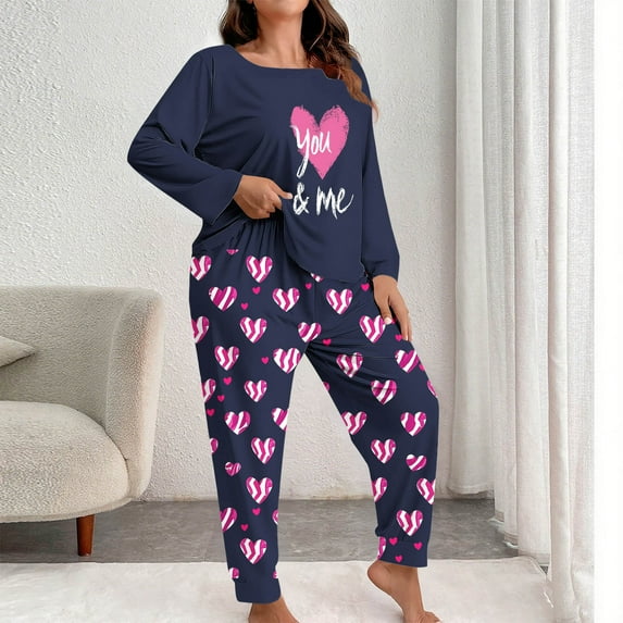 AUNVITO Women's Plus Size Valentine Print Pajama Set Long Sleeve and ...