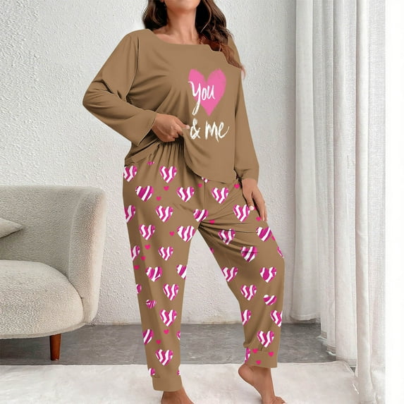 AUNVITO Women's Plus Size Valentine Print Pajama Set Long Sleeve and ...