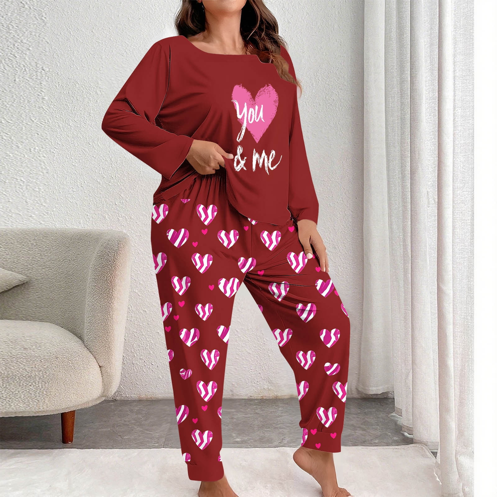 AUNVITO Women's Plus Size Valentine Print Pajama Set Long Sleeve and ...
