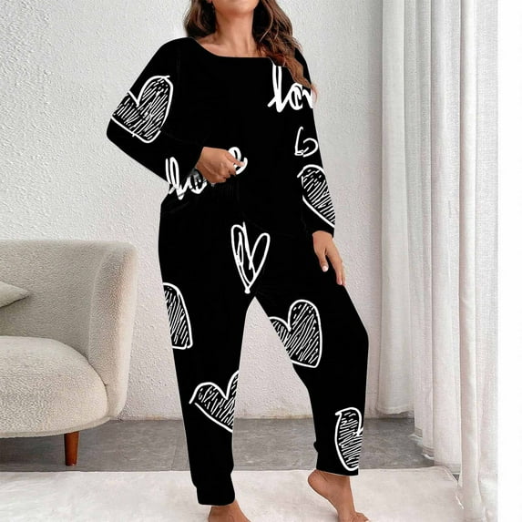 AUNVITO Women's Plus Size Valentine's Day Print Long Sleeve Pajama Set ...